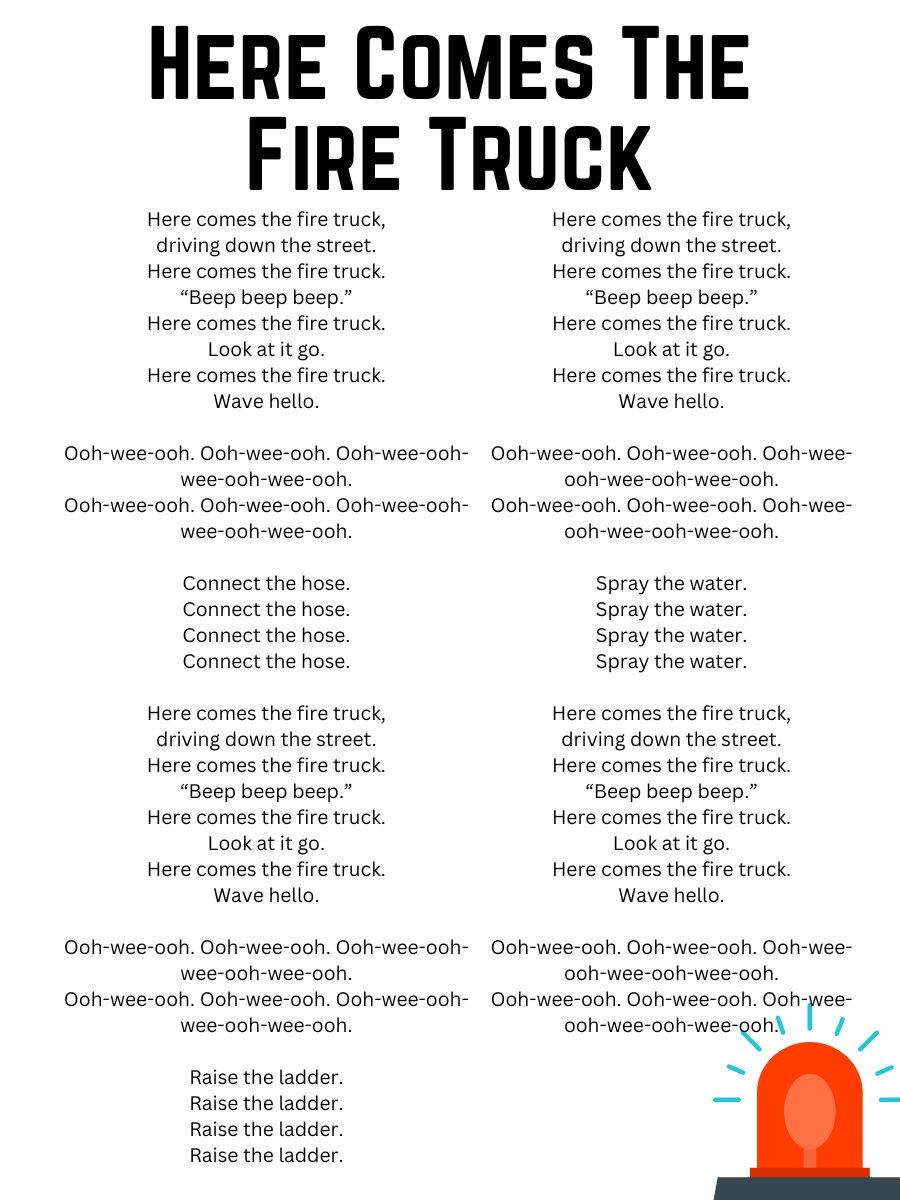 Fire Truck Kids Songs Lyrics and Printable - Easy Family Fun- Games ...